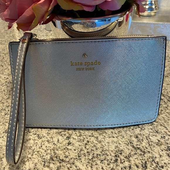 kate spade | Bags | Kate Spade New York Silver Wristlet Gold Letters ...